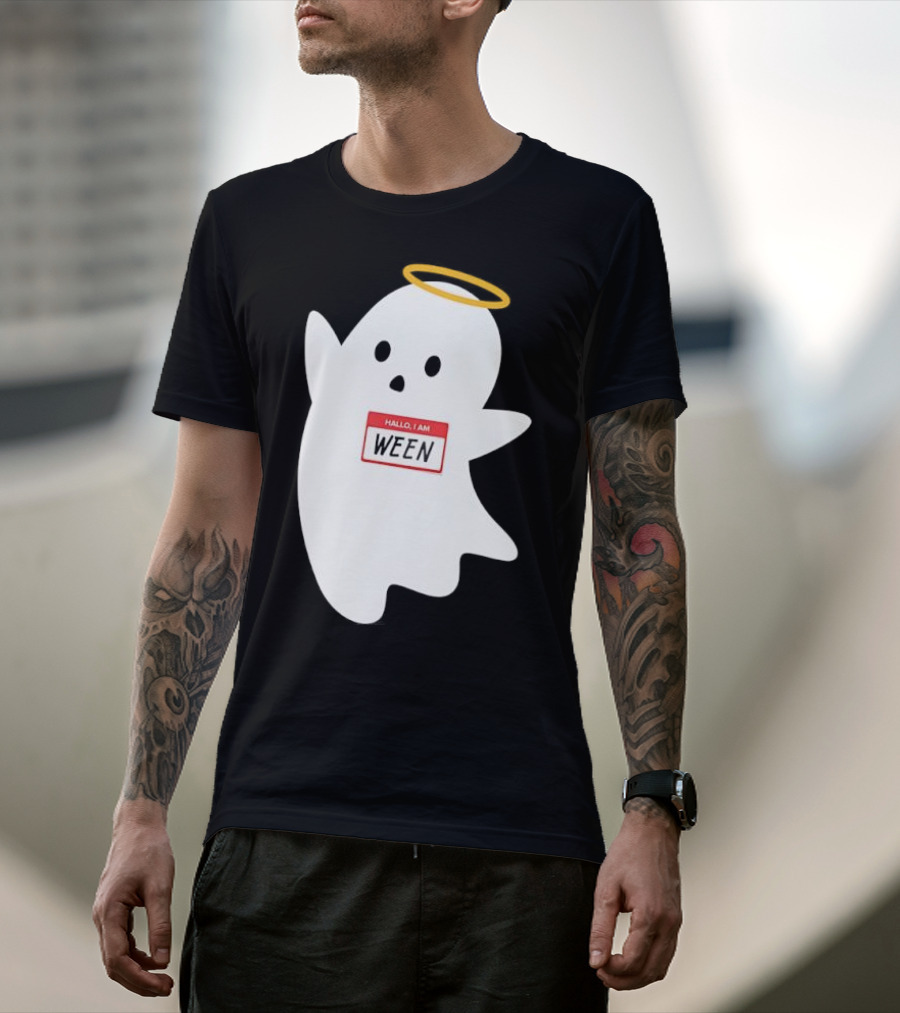 Hallo I Am Ween Ghost With Halo And Happy Halloween Name Tag T-Shirt
