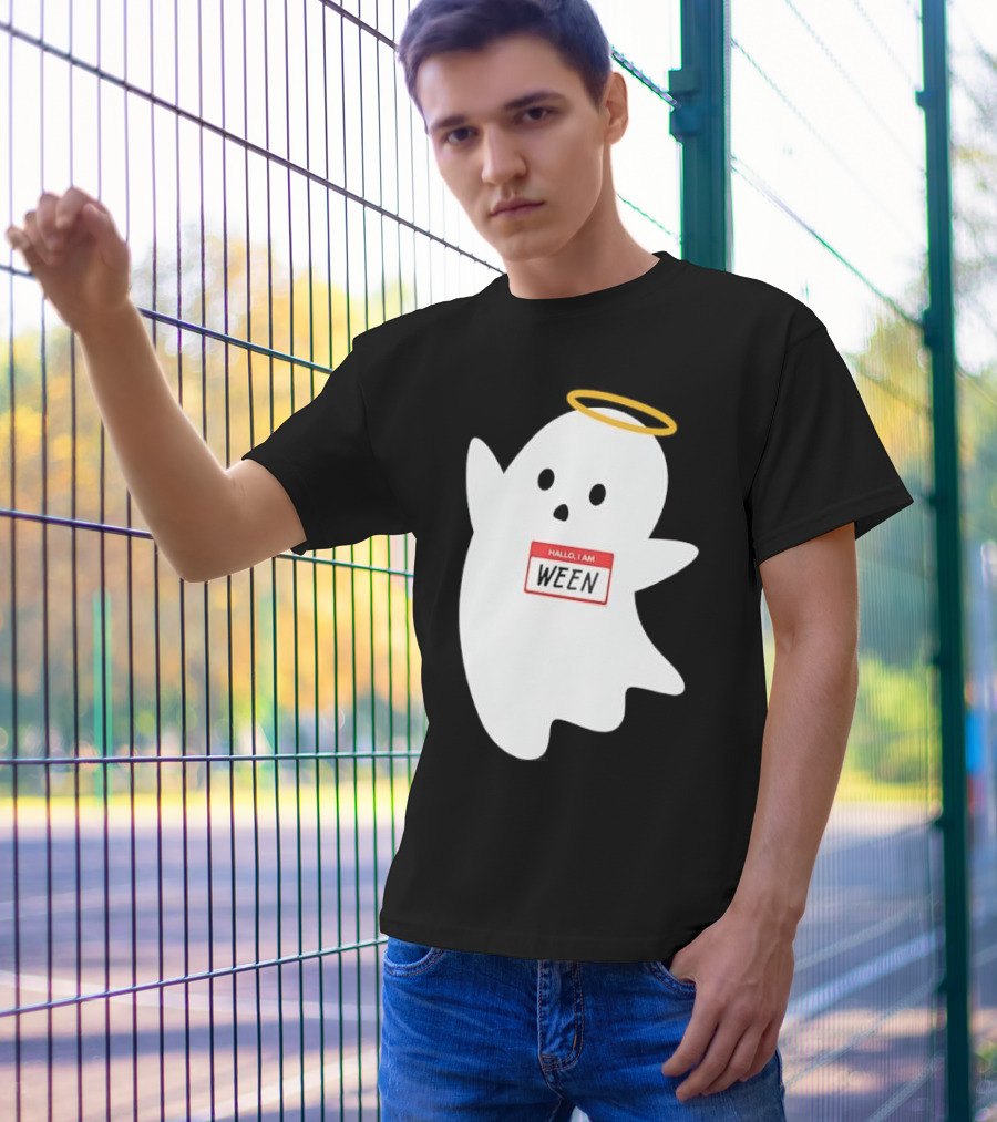 Hallo I Am Ween Ghost With Halo And Happy Halloween Name Tag T-Shirt
