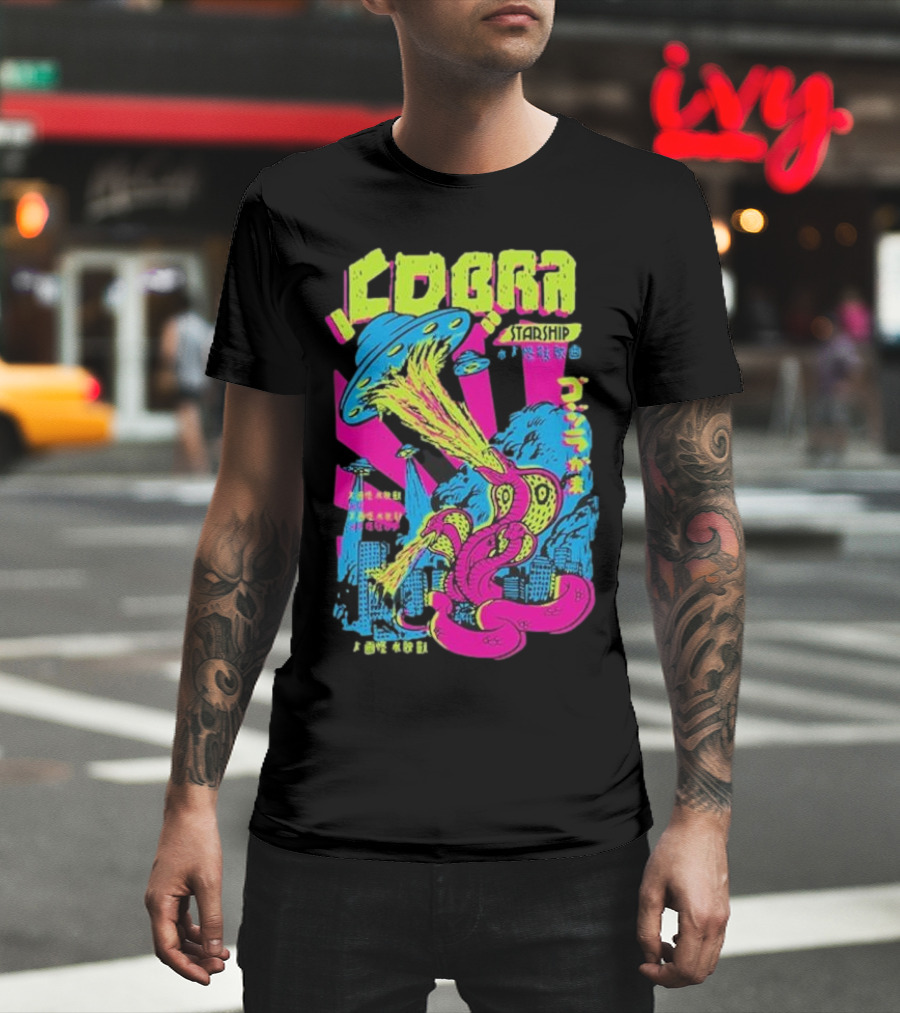 Cobra Starship UFO Fire Breathing City Attack Neon Art T-Shirt