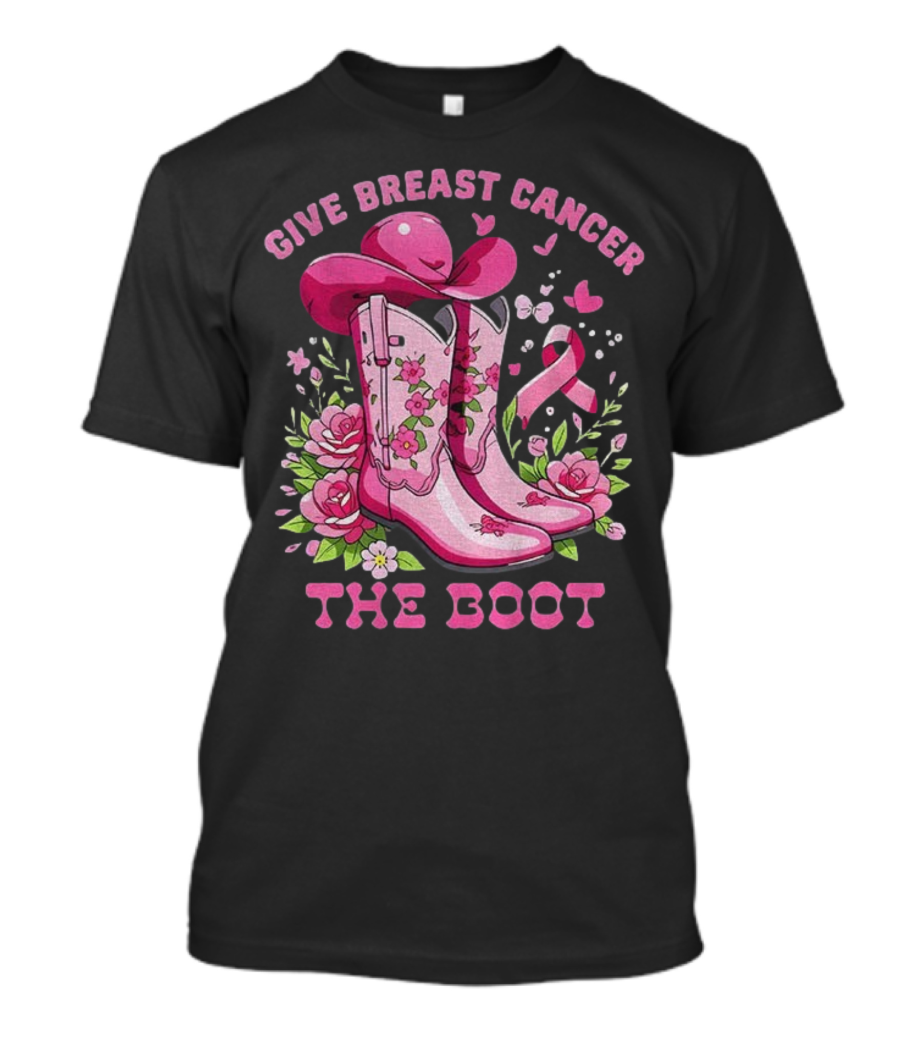 Vintage Pink Cowboy Boots Floral Breast Cancer Awareness T-Shirt