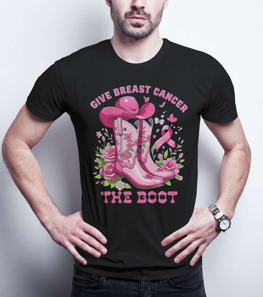 Vintage Pink Cowboy Boots Floral Breast Cancer Awareness T-Shirt