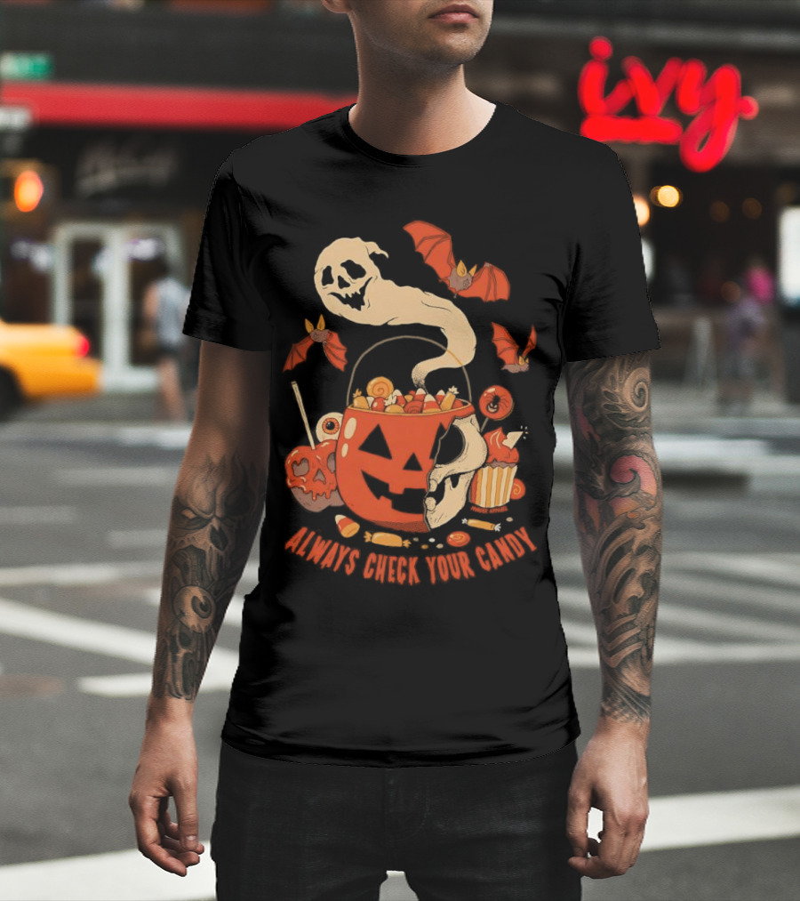 Halloween Always Check Your Candy Spooky Jack-O'-Lantern Ghost Bats And Sweets T-Shirt