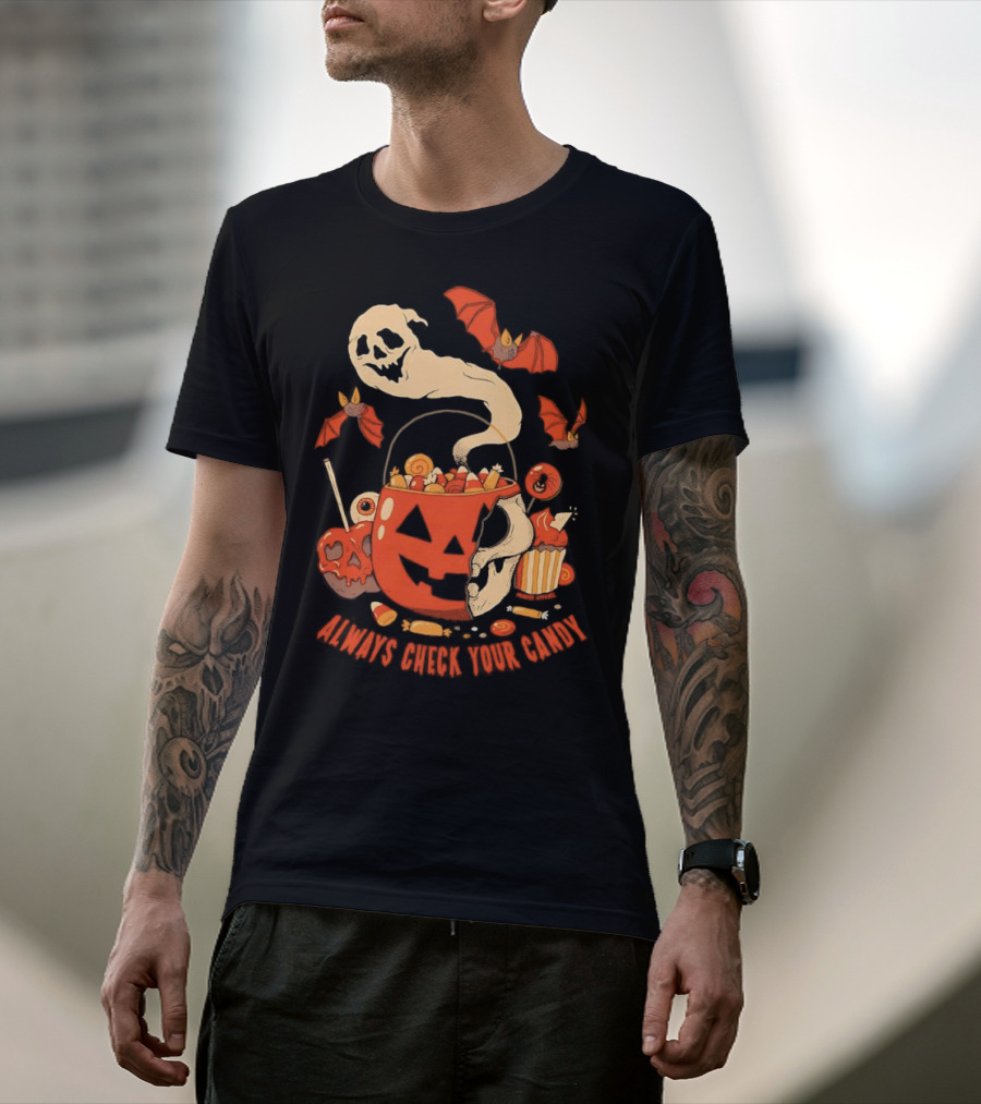 Halloween Always Check Your Candy Spooky Jack-O'-Lantern Ghost Bats And Sweets T-Shirt