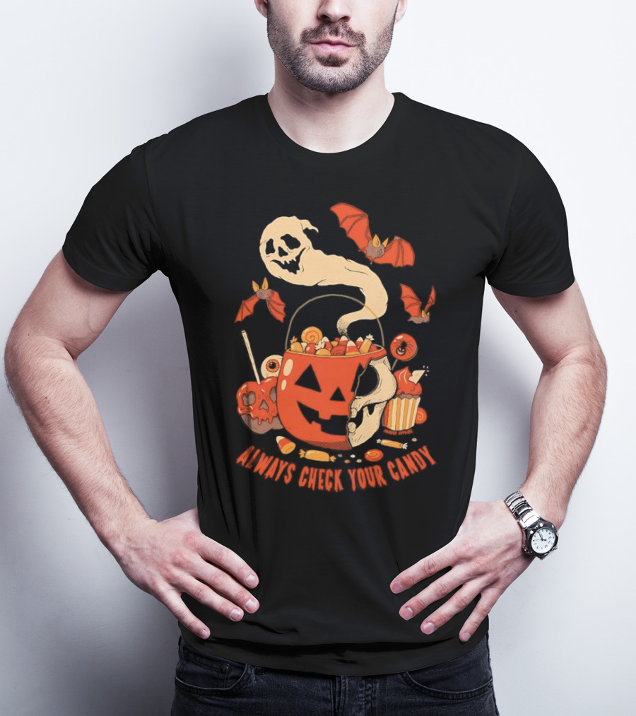 Halloween Always Check Your Candy Spooky Jack-O'-Lantern Ghost Bats And Sweets T-Shirt