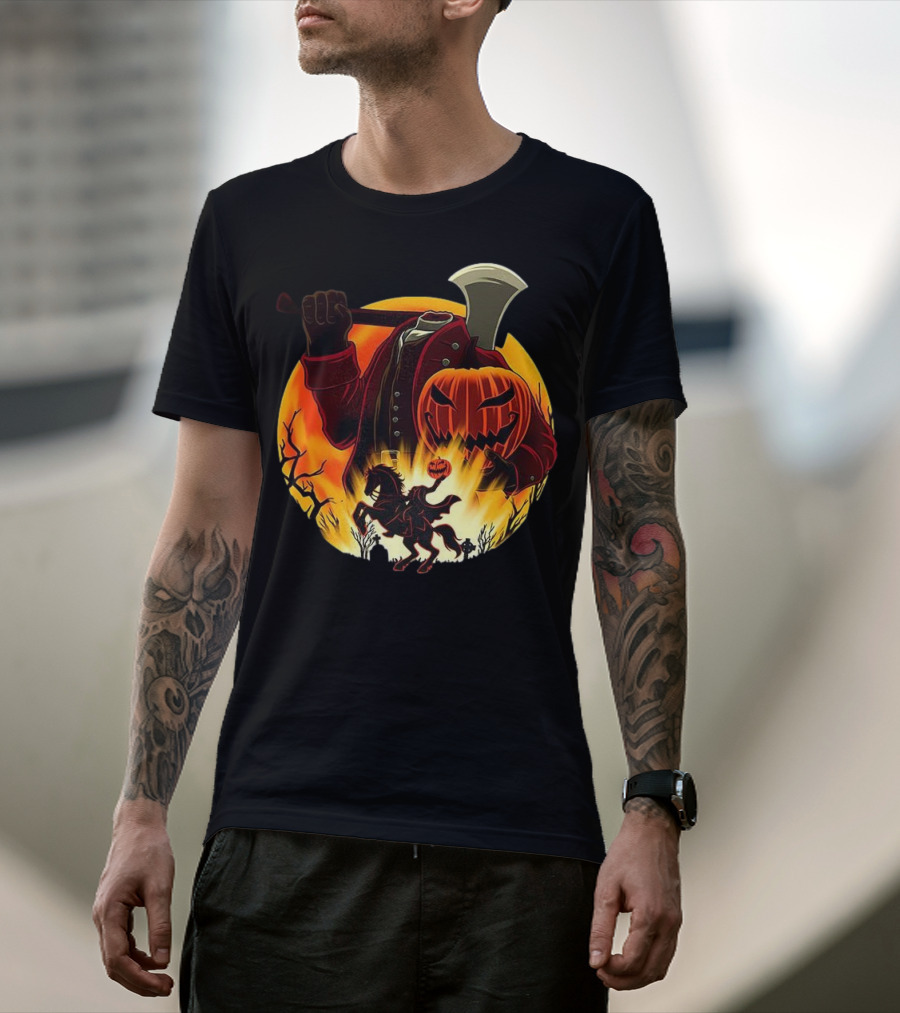 Headless Horseman Galloping Hessian Pumpkin Halloween Axe Rider T-Shirt