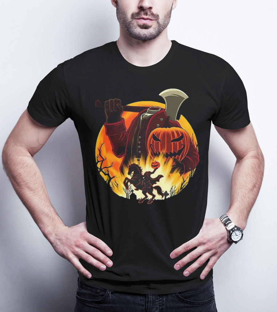 Headless Horseman Galloping Hessian Pumpkin Halloween Axe Rider T-Shirt