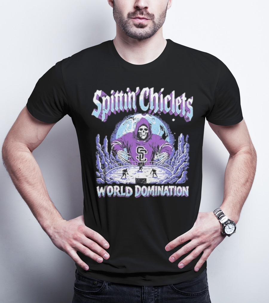 Spittin Chiclets Grim Reaper Hockey World Domination Moon T-Shirt