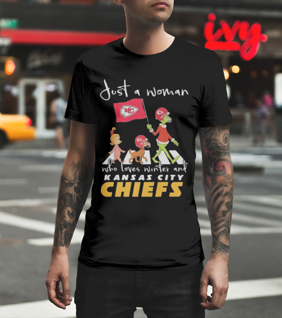 Just A Woman Who Loves Winter And Kansas City Chiefs Abbey Road T-Shirt