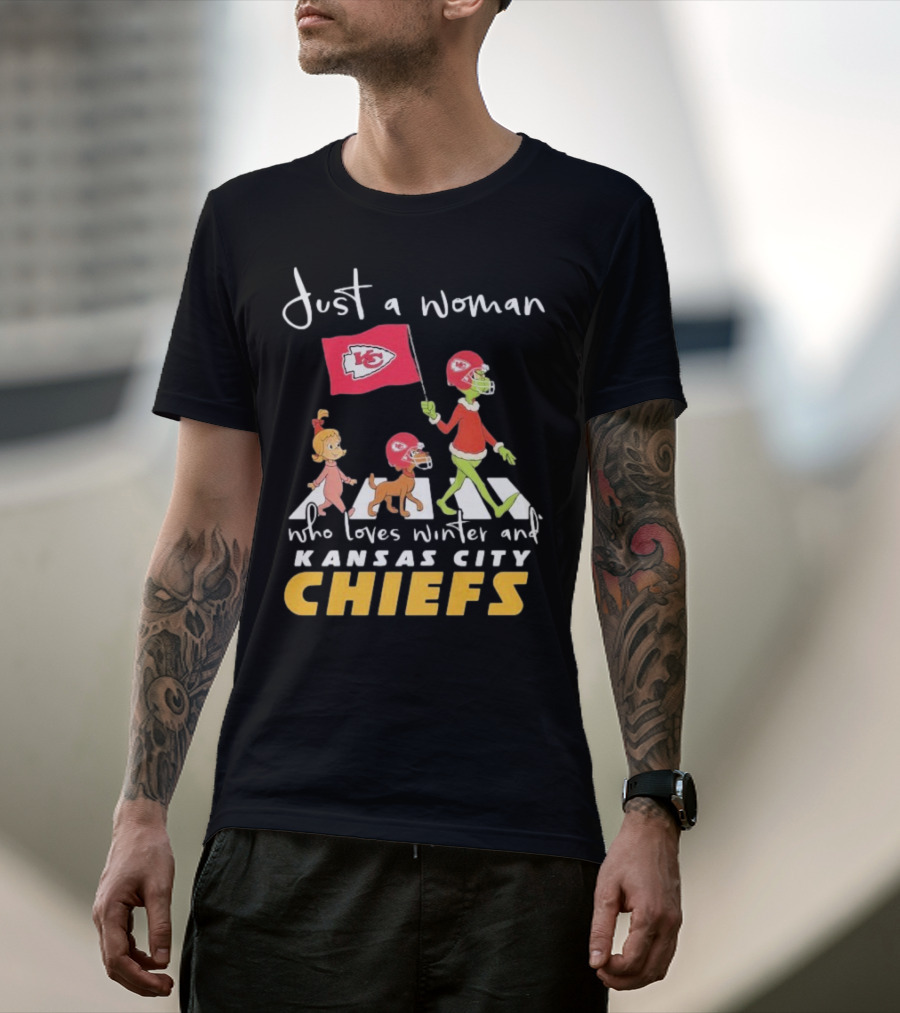 Just A Woman Who Loves Winter And Kansas City Chiefs Abbey Road T-Shirt