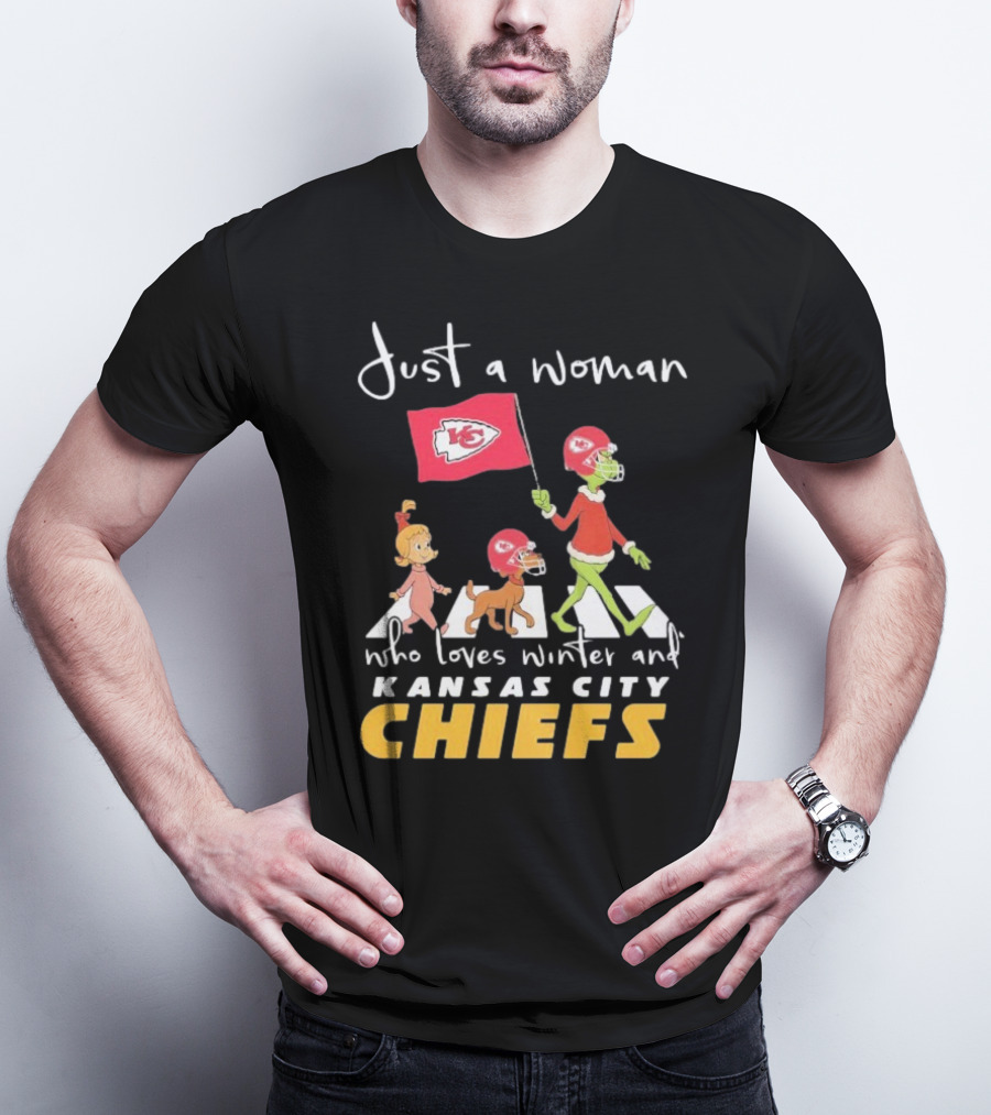 Just A Woman Who Loves Winter And Kansas City Chiefs Abbey Road T-Shirt