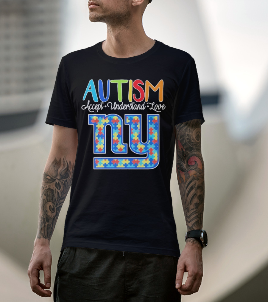 Autism Accept Understand Love NY Giants Puzzle Piece Pattern T-Shirt