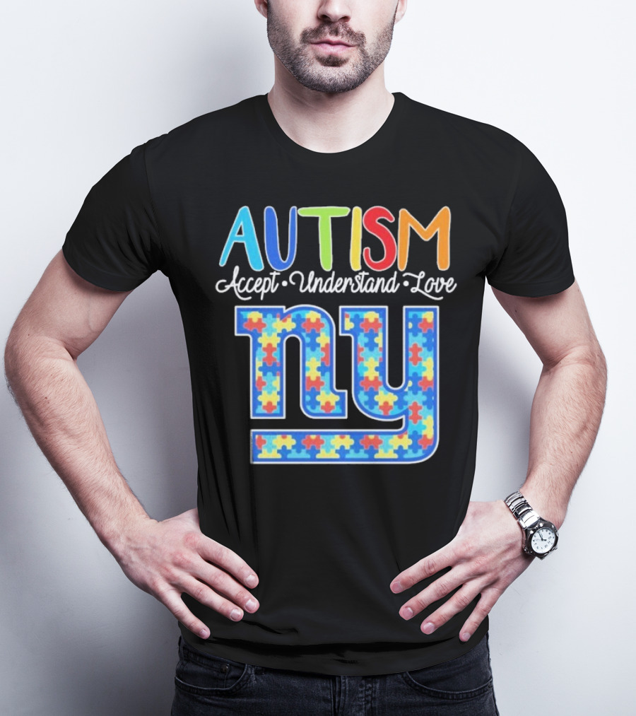 Autism Accept Understand Love NY Giants Puzzle Piece Pattern T-Shirt