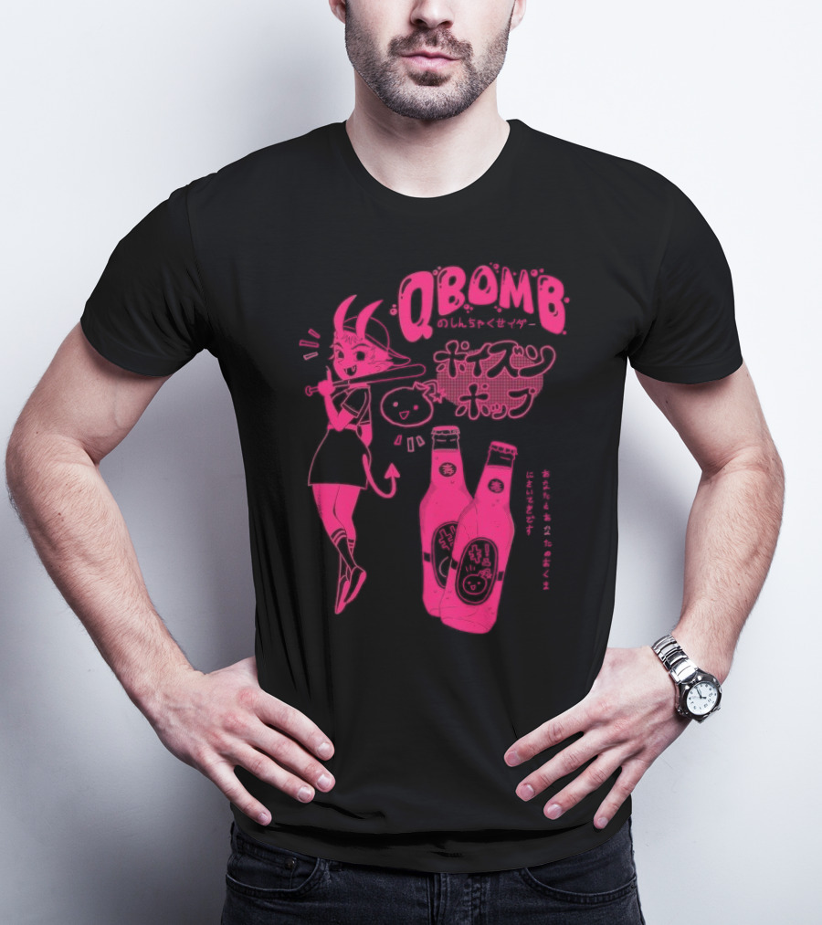 Qbomb Poison Pop Anime Demon Girl Japanese Text Retro Soda Bottles T-Shirt