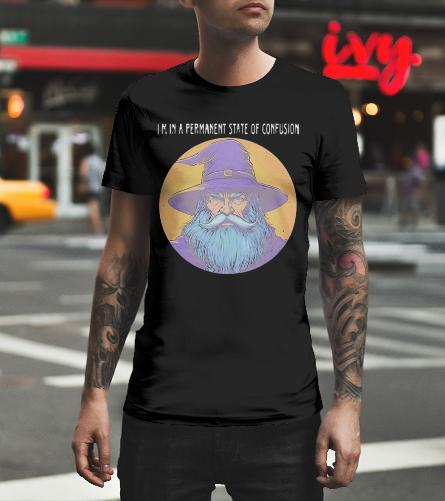 Wizard Magic I'm In A Permanent State Of Confusion Purple Hat Mystic Illustration T-Shirt