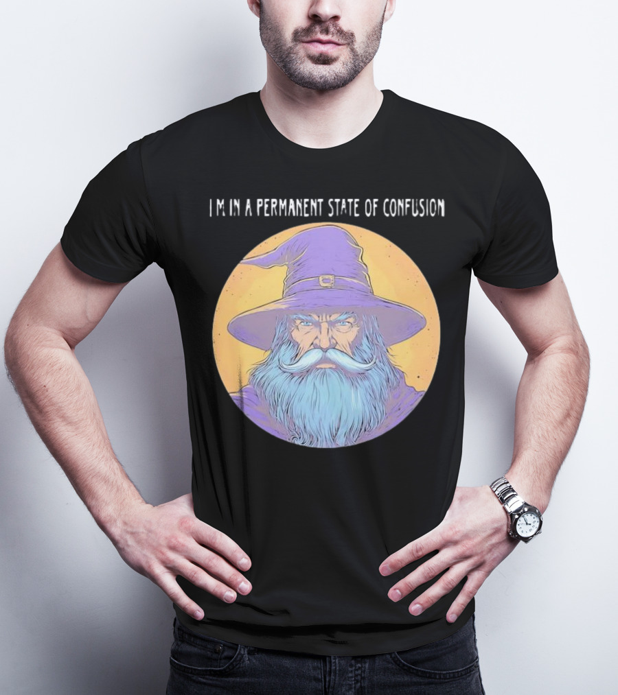 Wizard Magic I'm In A Permanent State Of Confusion Purple Hat Mystic Illustration T-Shirt