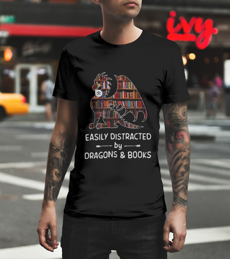 Easily Distracted By Dragons & Books Library Collage T-Shirt
