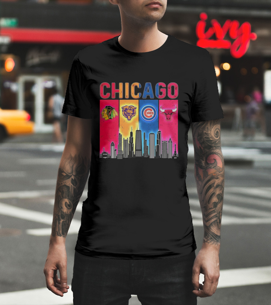 Chicago Blackhawks Bears Cubs Bulls Skyline T-Shirt