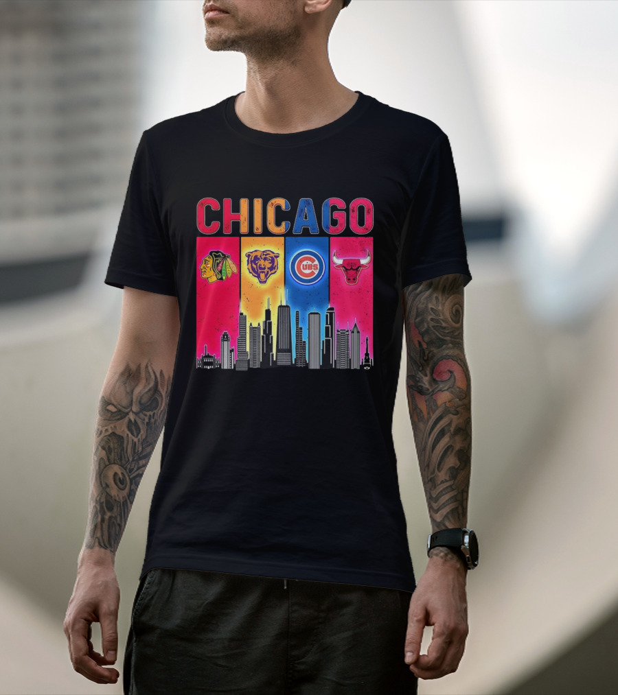 Chicago Blackhawks Bears Cubs Bulls Skyline T-Shirt