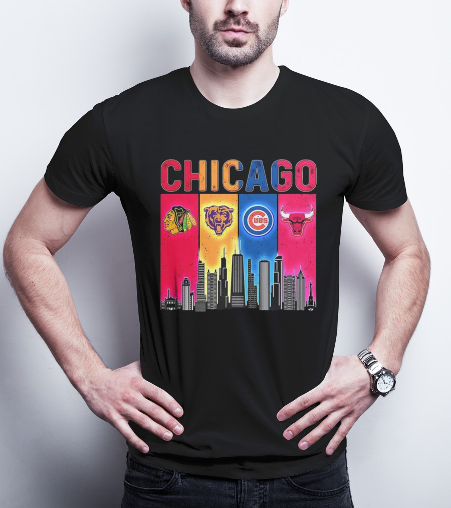 Chicago Blackhawks Bears Cubs Bulls Skyline T-Shirt