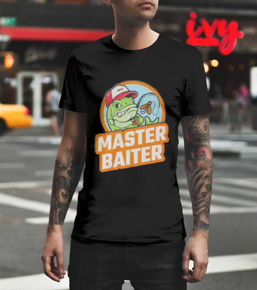 Master Baiter Fishing Cartoon Fish With Red Cap And Fishing Rod T-Shirt