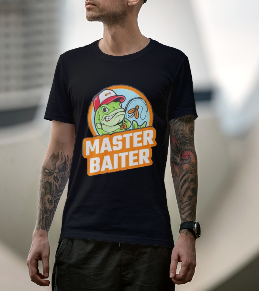 Master Baiter Fishing Cartoon Fish With Red Cap And Fishing Rod T-Shirt