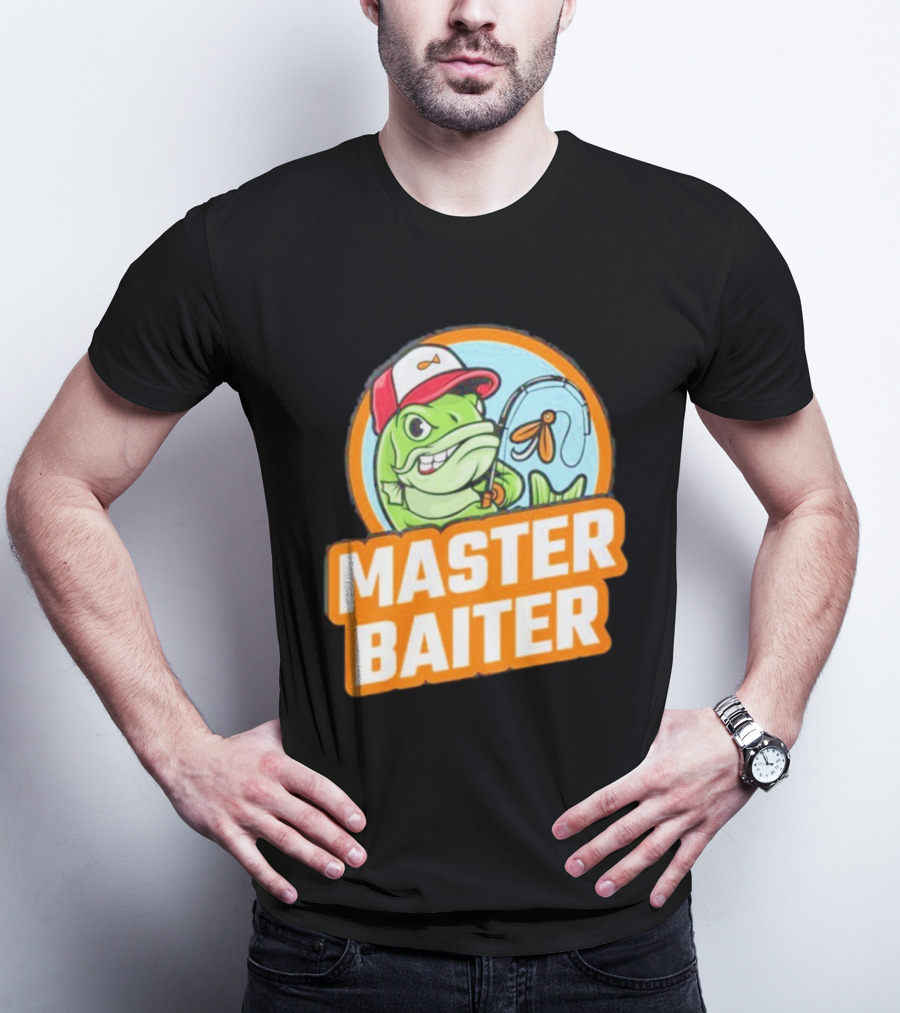 Master Baiter Fishing Cartoon Fish With Red Cap And Fishing Rod T-Shirt