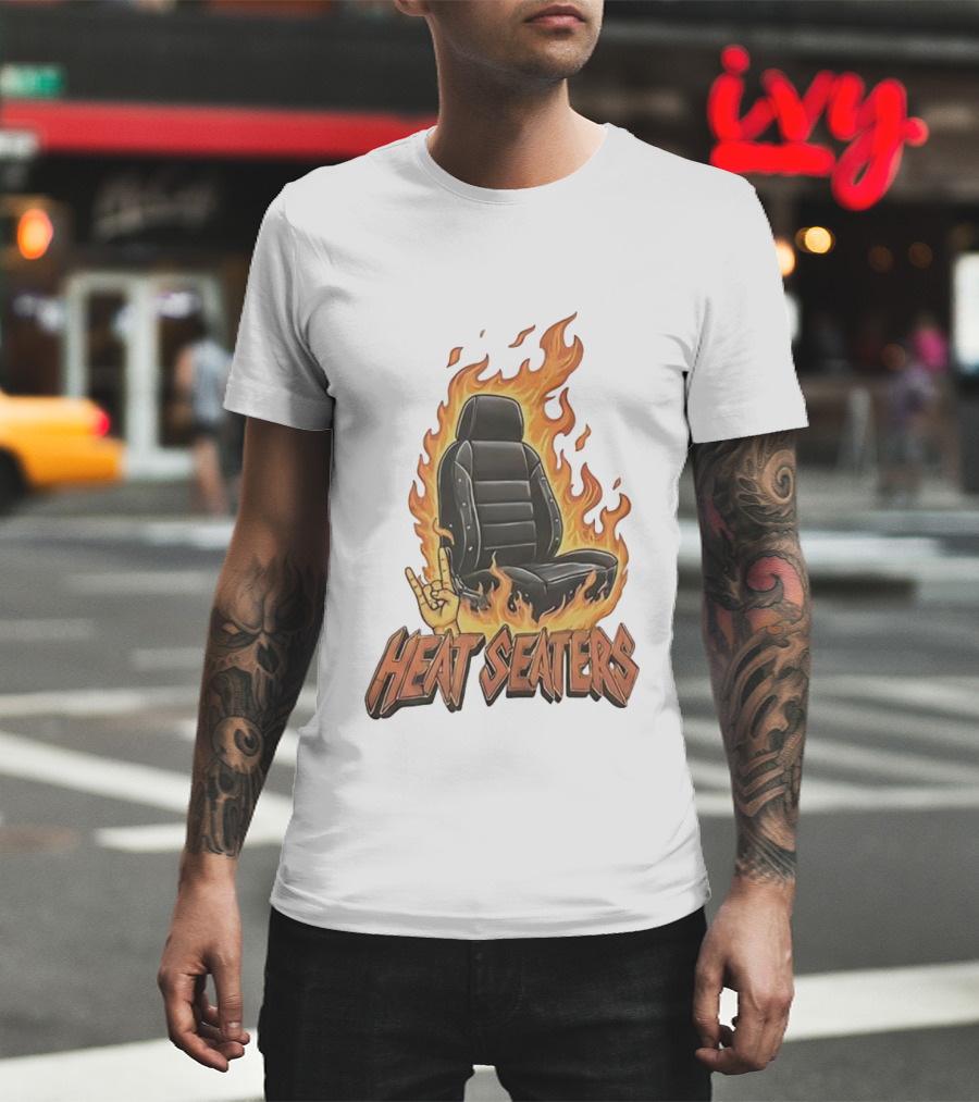 Heat Seaters Flaming Car Seat Rock Emoji T-Shirt