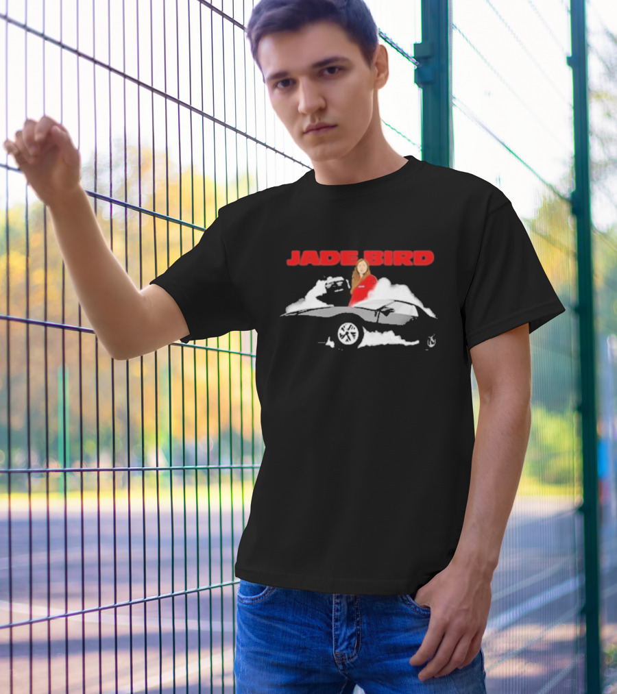 Jade Bird Red Attire Woman With Car And Clouds T-Shirt