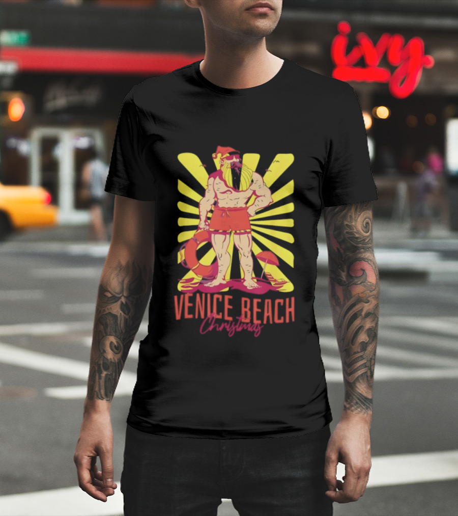 Venice Beach Christmas Lifeguard Santa Sunburst T-Shirt