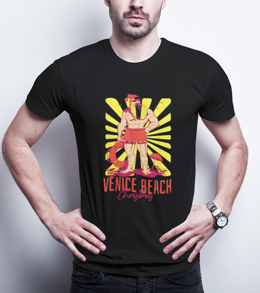 Venice Beach Christmas Lifeguard Santa Sunburst T-Shirt