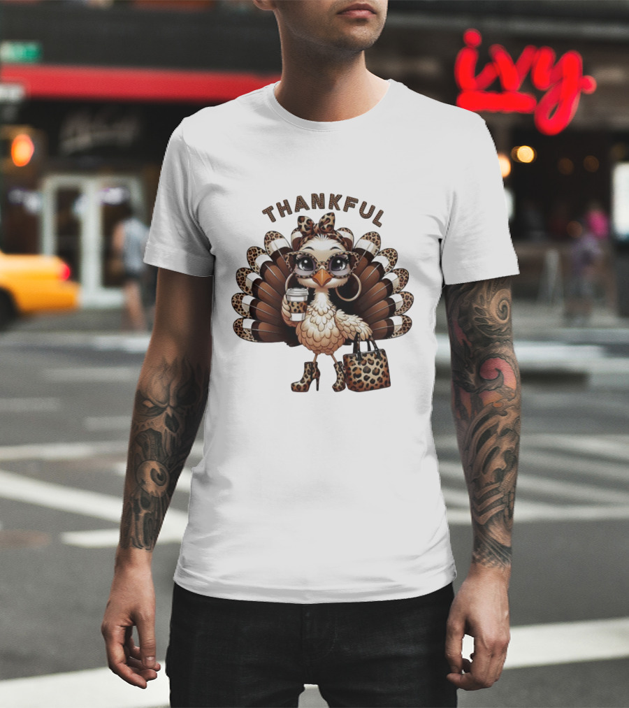 Thankful Leopard Print Turkey Coffee Lover Fashionista T-Shirt
