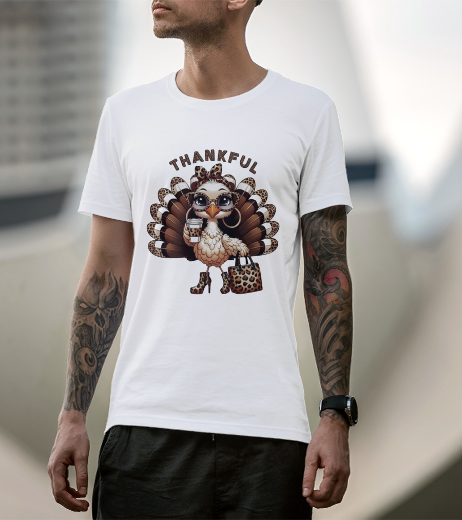 Thankful Leopard Print Turkey Coffee Lover Fashionista T-Shirt