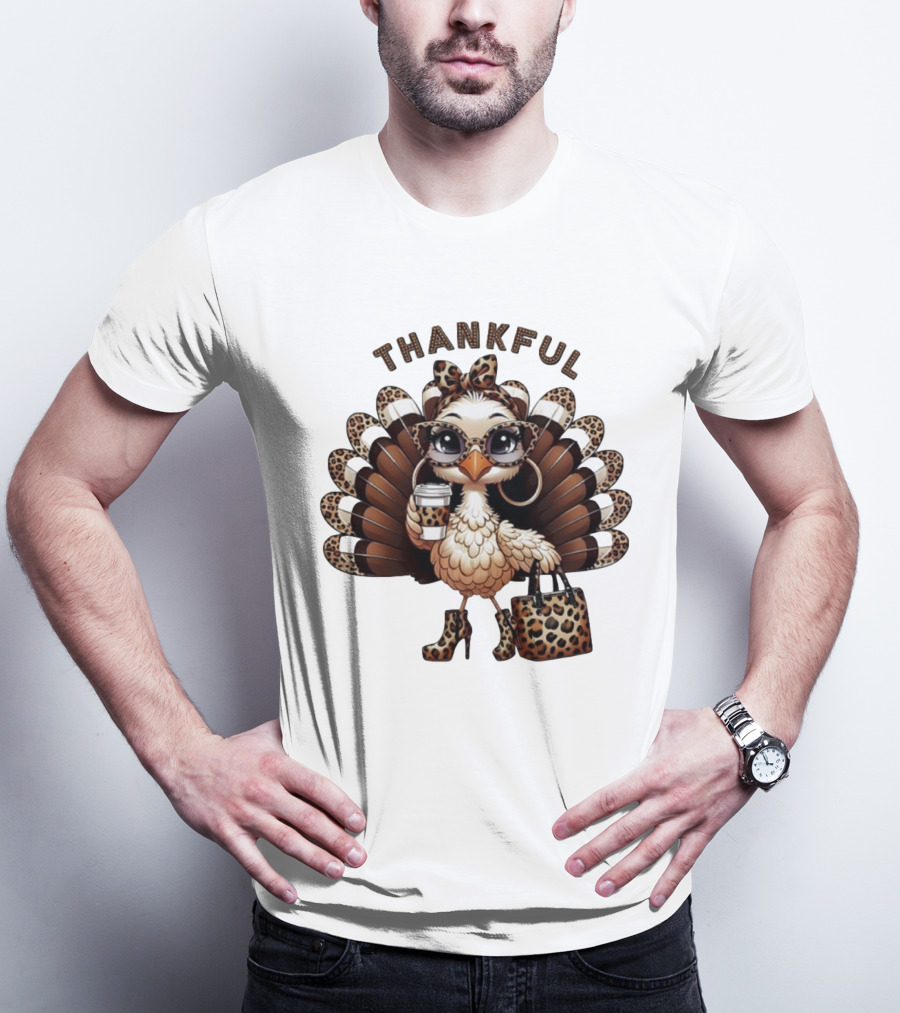 Thankful Leopard Print Turkey Coffee Lover Fashionista T-Shirt
