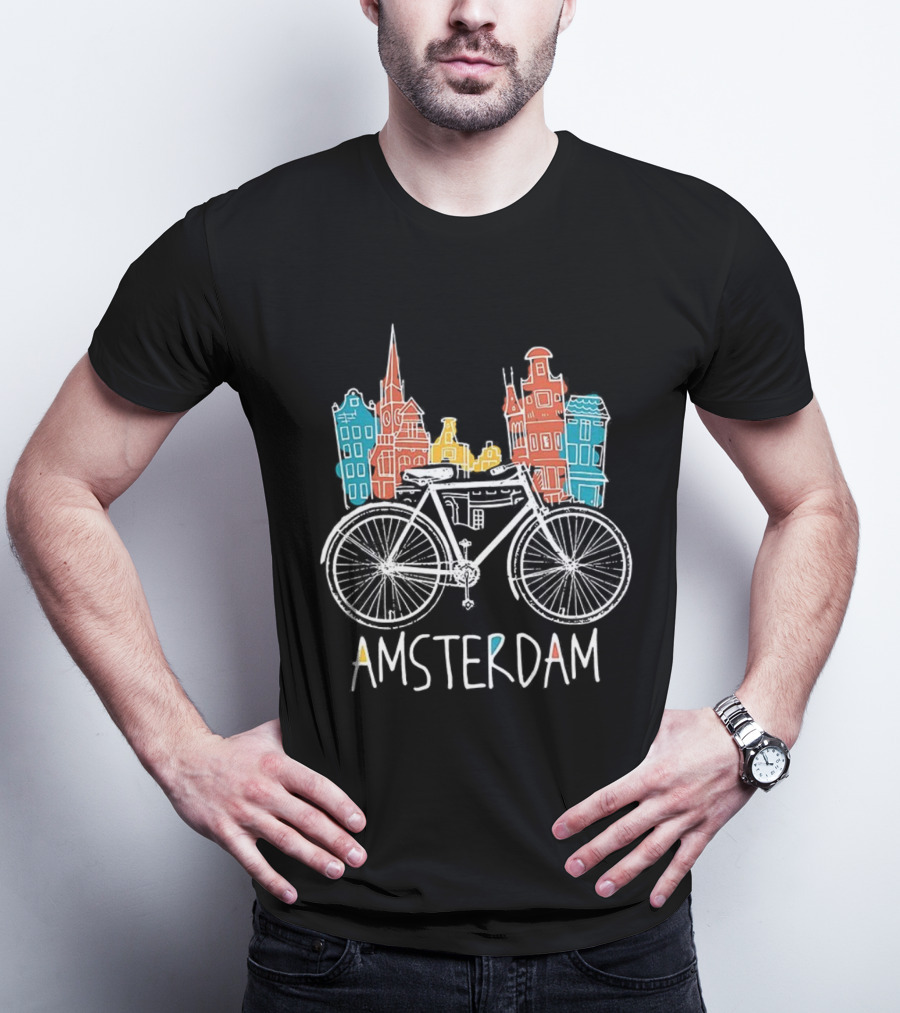 Amsterdam Bicycle Skyline Colorful Sketch Houses T-Shirt