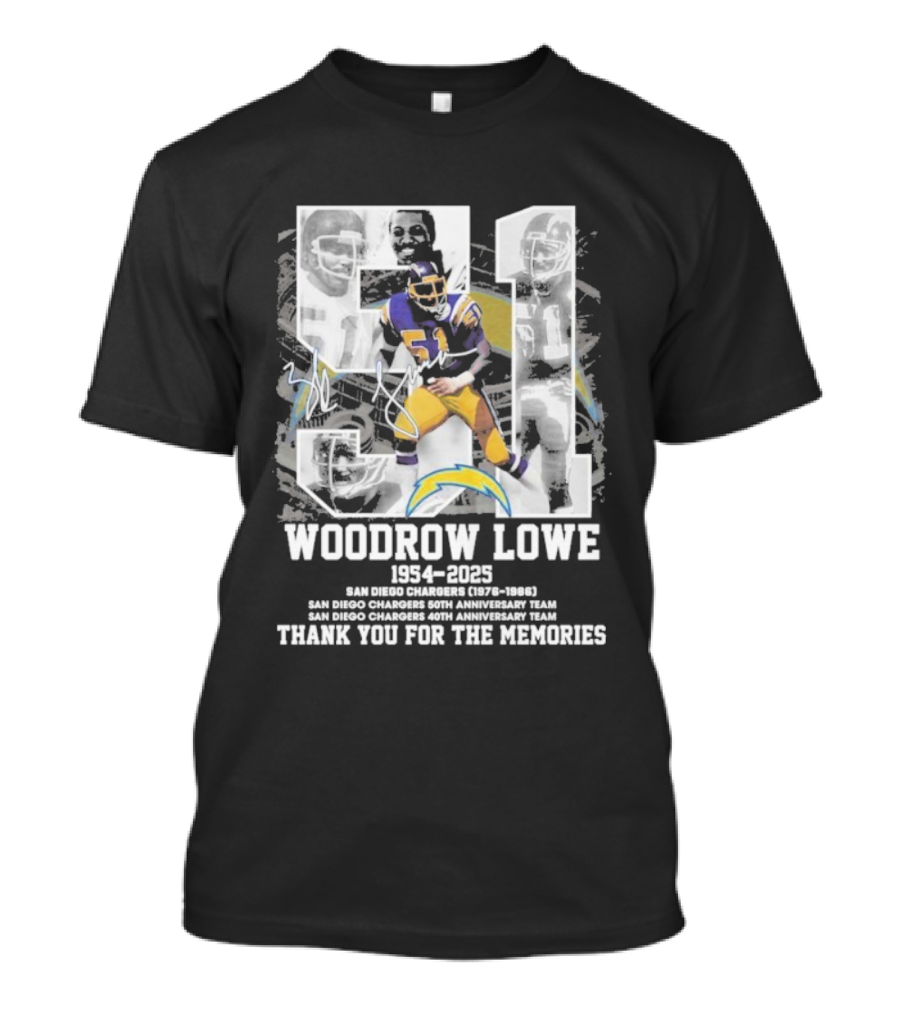 Woodrow Lowe 1954-2023 San Diego Chargers Anniversary Team Thank You For The Memories T-Shirt