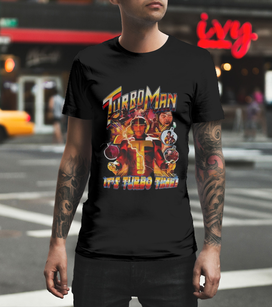 Turbo Man It's Turbo Time Christmas Bauble Lightning Hero Scene T-Shirt