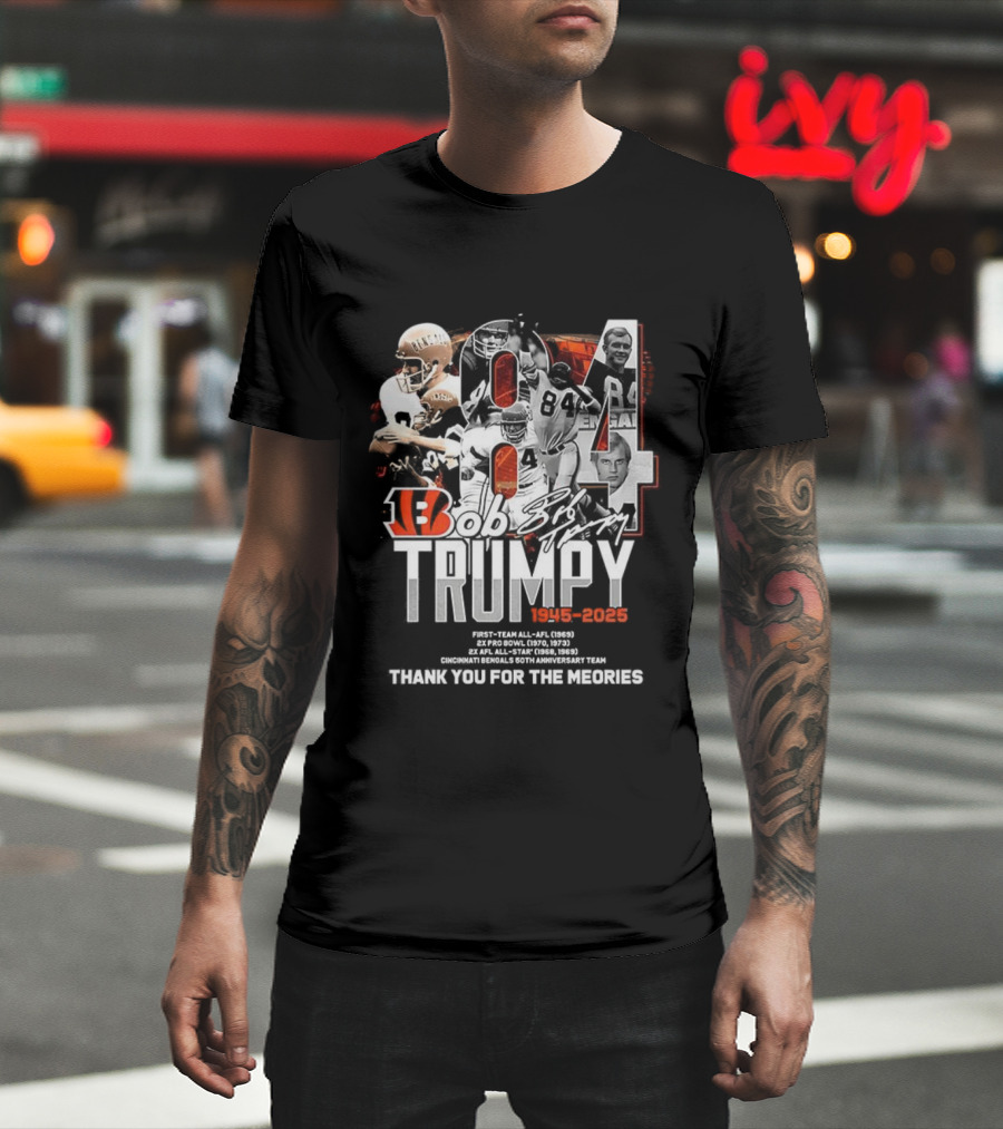 Bob Trumpy 84 Cincinnati Bengals 1968-2023 Anniversary Signature Thank You For The Memories T-Shirt