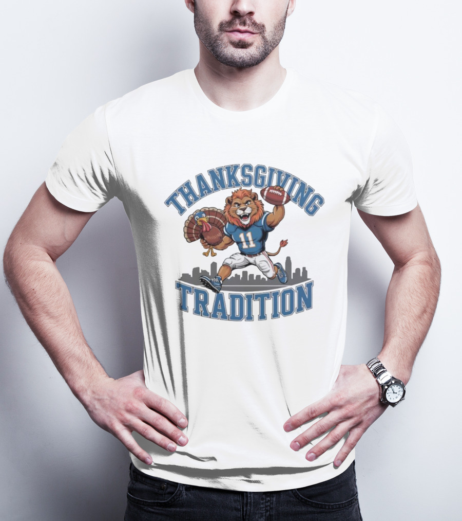 Thanksgiving Tradition Detroit Lions Football Mascot Number 11 Iconic Game Day Skyline T-Shirt