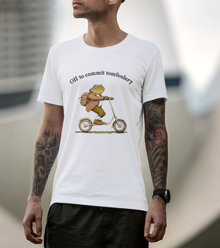 Off To Commit Tomfoolery Frog Riding Scooter With Backpack T-Shirt