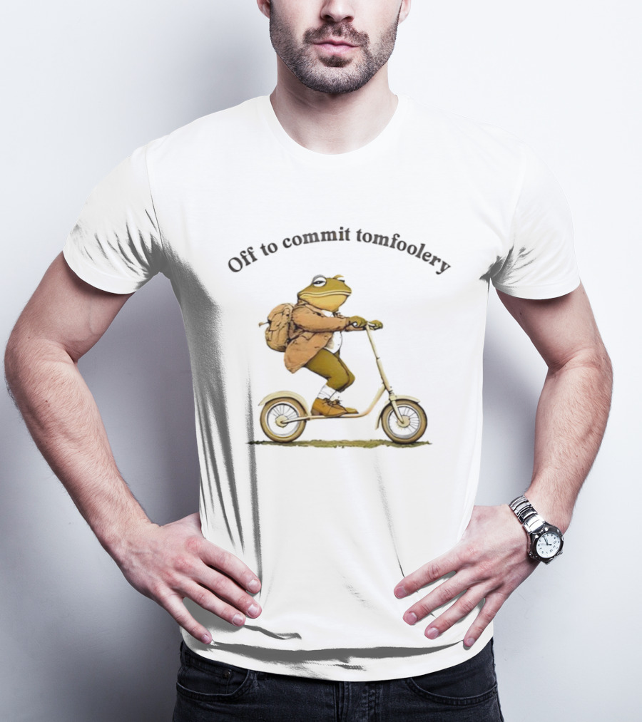 Off To Commit Tomfoolery Frog Riding Scooter With Backpack T-Shirt