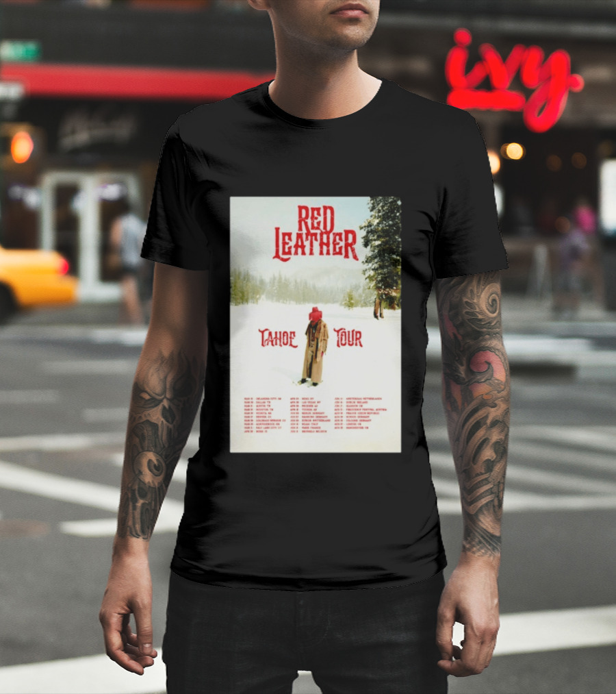 Red Leather Tahoe Tour 2026 Dates Red Hat Snowy Scenery T-Shirt