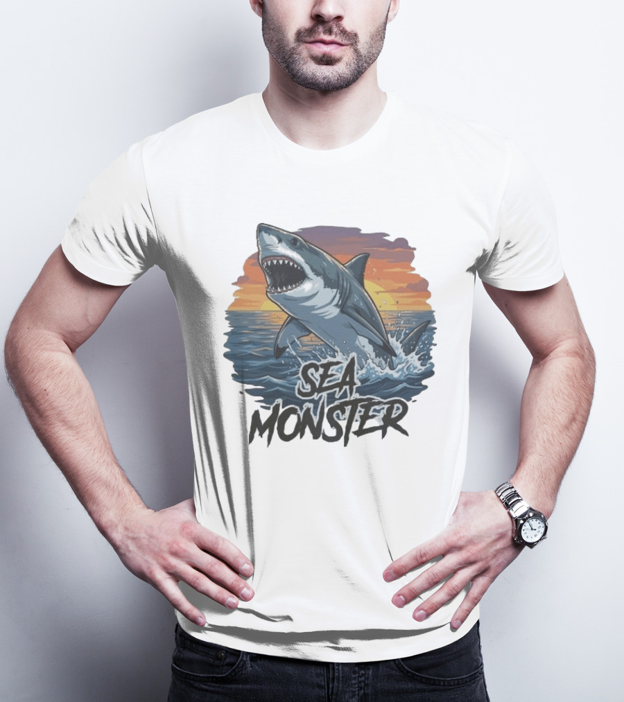 Rawwfishing Sea Monster Shark Sunset Ocean Scene T-Shirt