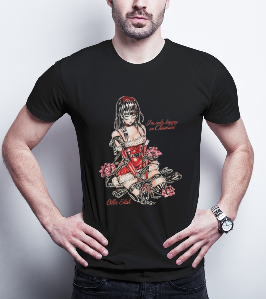 Billie Eilish I'm Only Happy On Christmas Red Outfit Wrapping Ribbon T-Shirt