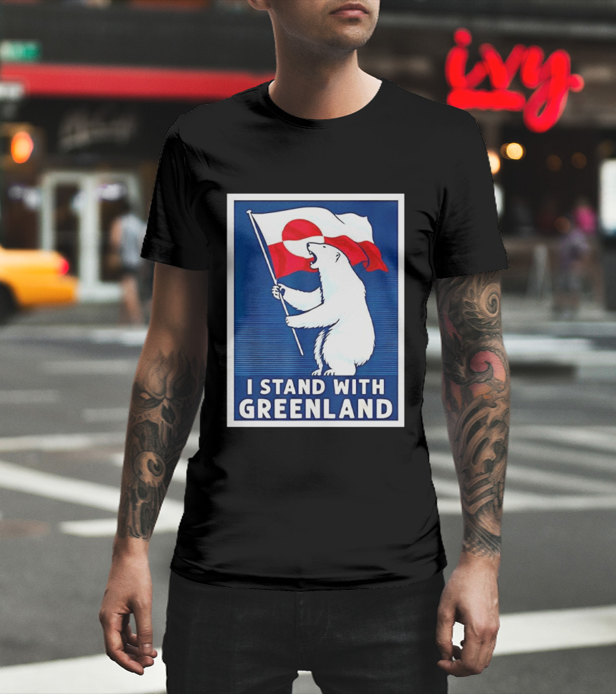 I Stand With Greenland Polar Bear Holding Flag Solidarity Banner T-Shirt