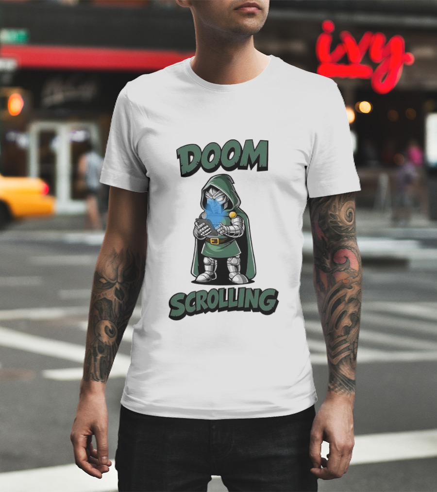 Doom Scrolling Dr Doom Comic Character With Phone T-Shirt