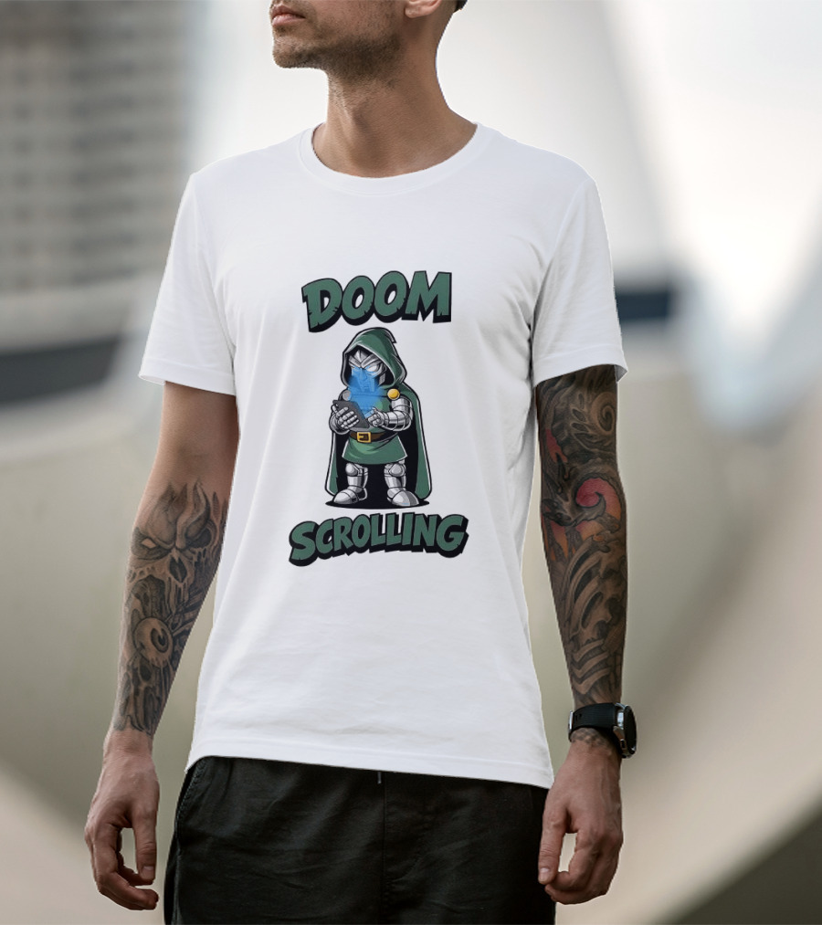 Doom Scrolling Dr Doom Comic Character With Phone T-Shirt