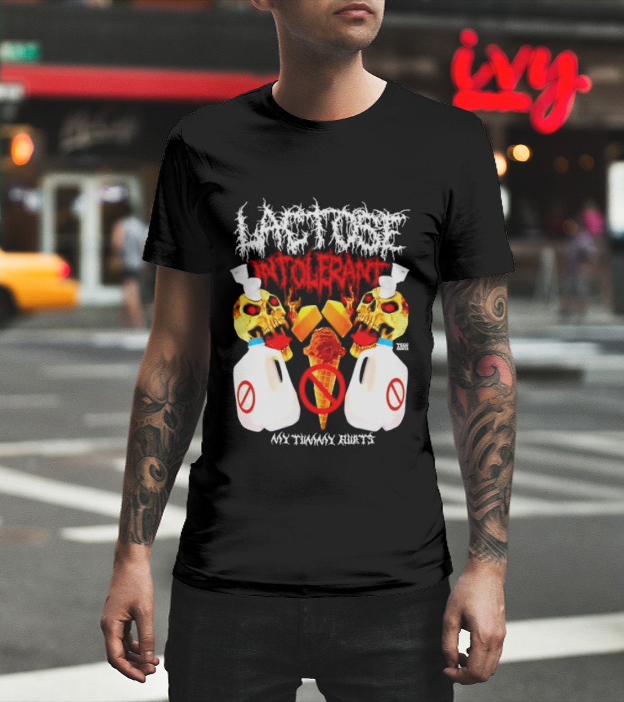 Lactose Intolerant Skulls Milk Jugs No Ice Cream My Tummy Hurts T-Shirt