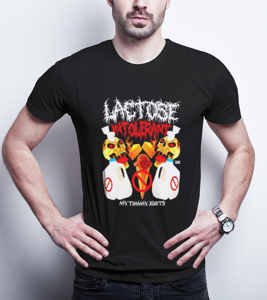 Lactose Intolerant Skulls Milk Jugs No Ice Cream My Tummy Hurts T-Shirt