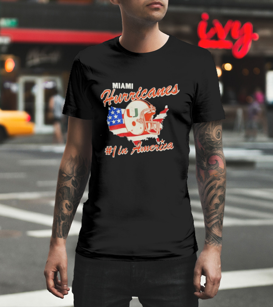 Miami Hurricanes Helmet American Flag Map #1 In America T-Shirt