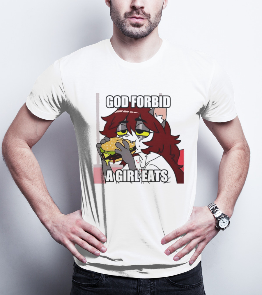 God Forbid A Girl Eats Lazy Cartoon Character Eating Burger T-Shirt